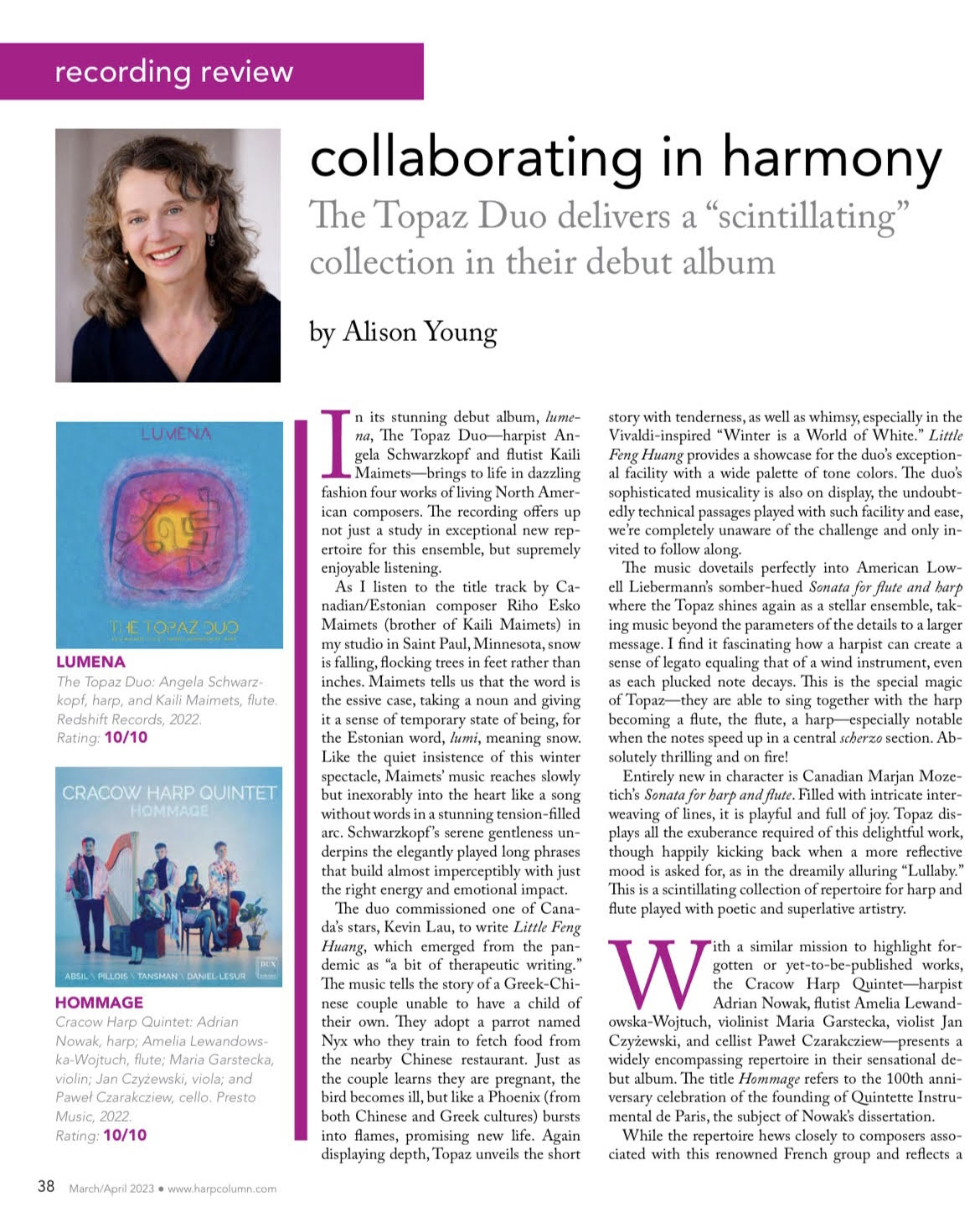 LUMENA receives 10/10 review from Harp Column! – The Topaz Duo